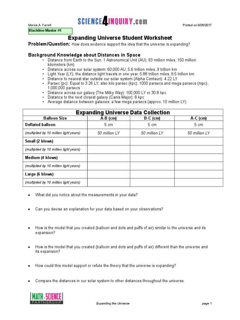 Expanding Universe Student Worksheet: Problem/Question: Background ...
