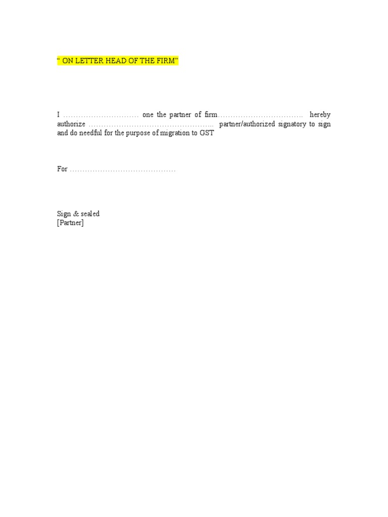 Firm migration GST partner authorization letter | PDF