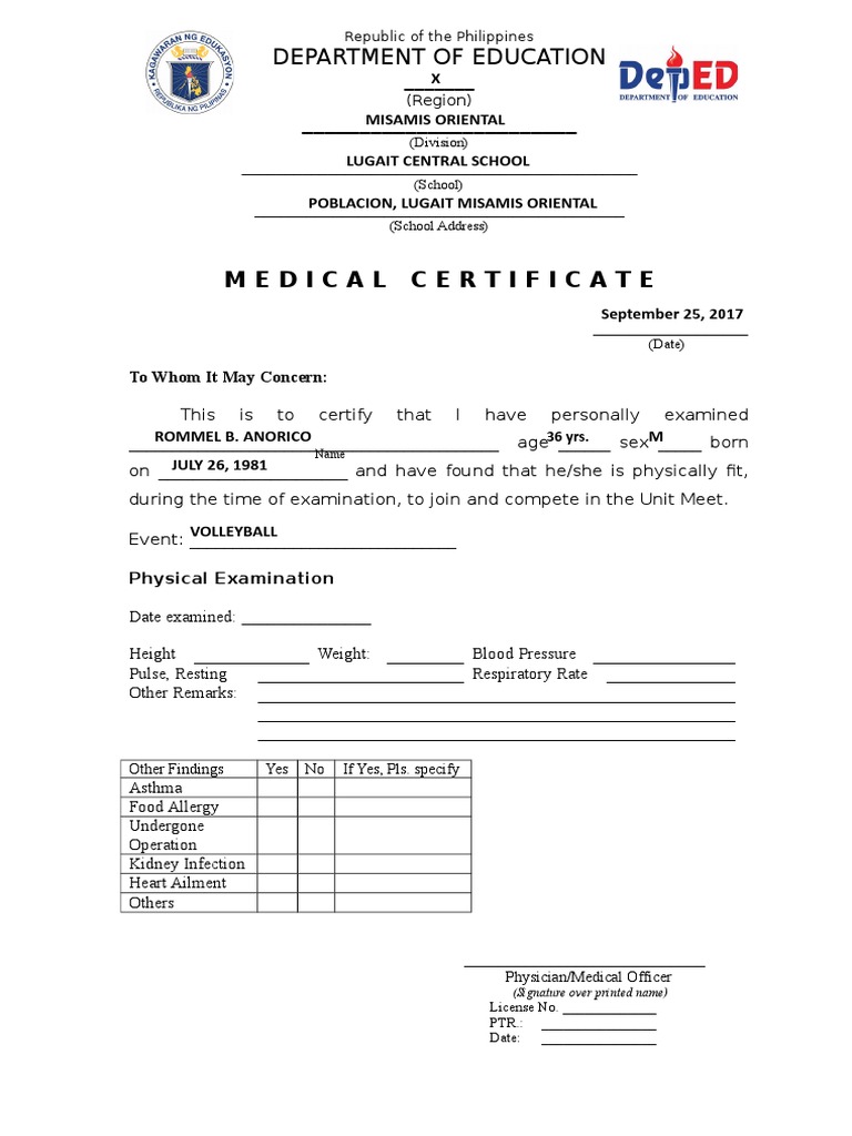 Medical Certificate 2010 Palaro 1 | PDF