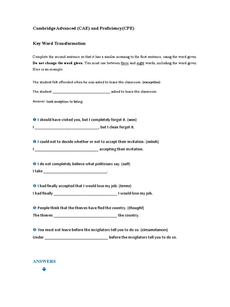 Key Word Transformations Cae Cpe Type 41596 | PDF | Language Arts & Discipline