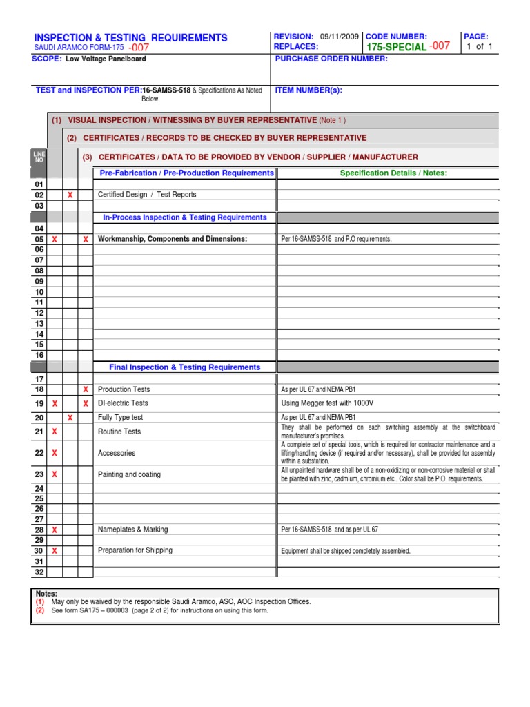 Inspection & Testing Requirements: & Specifications As Noted Below ...