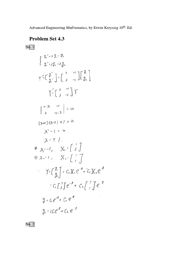 Problem Set 4.3: Advanced Engineering Mathematics, by Erwin Kreyszig 10 ...