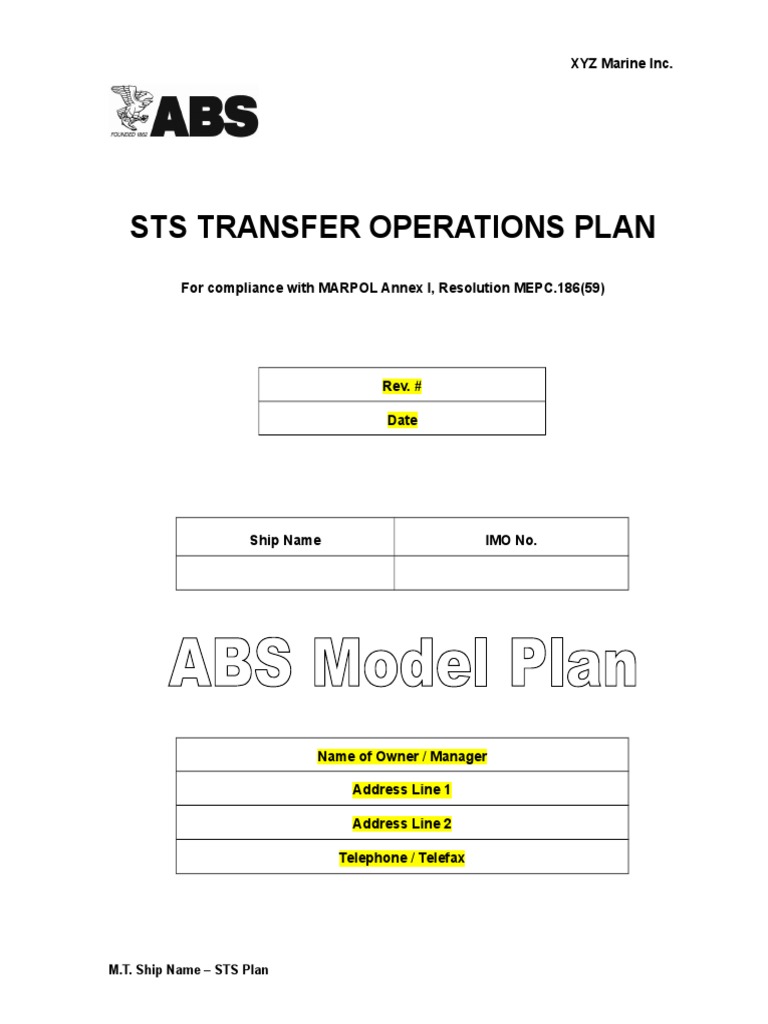 Sts Transfer Operations Plan: XYZ Marine Inc | PDF | Oil Tanker | Ships