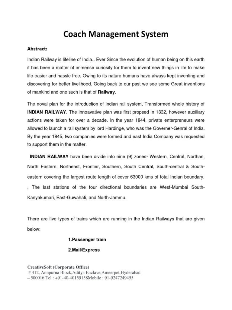 Coach Management System Abstract | PDF | Rail Transport | Train