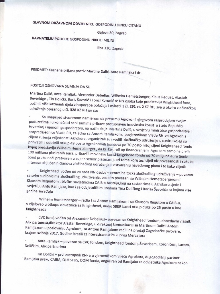 Kaznena Prijava Protiv Dalićke, Ramljaka I Dr. | PDF