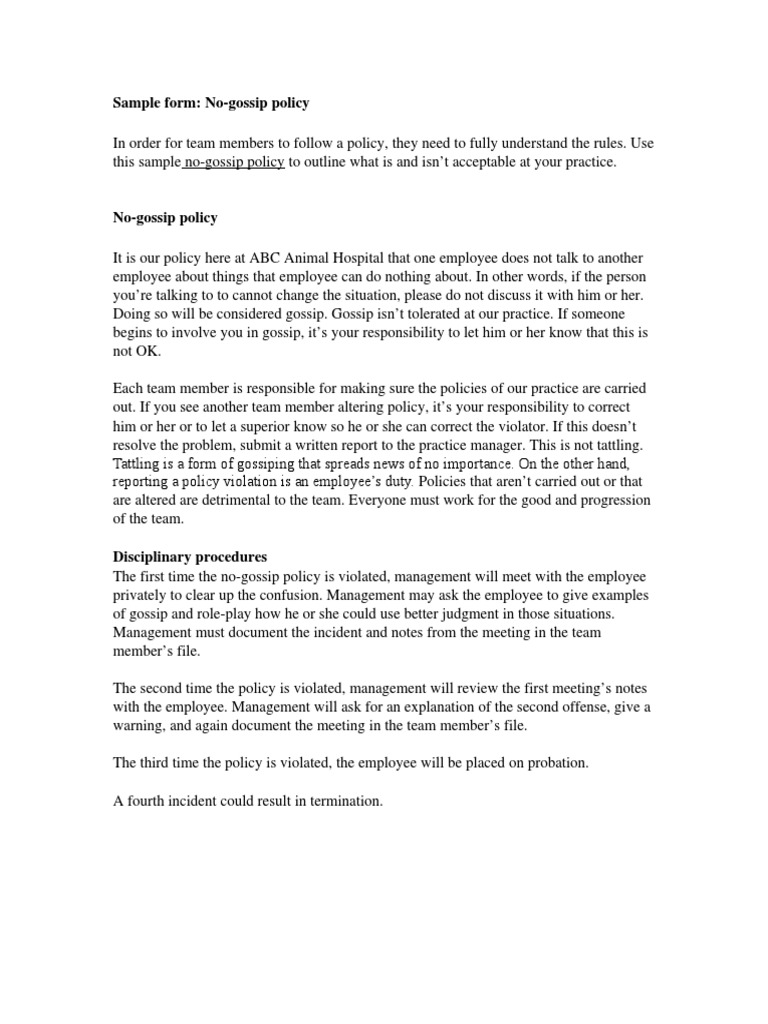 No Gossip Policy | PDF