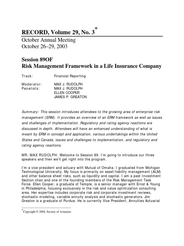 Risk Management Framework in A Life Insurance Company | PDF ...