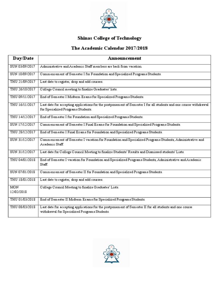 Shinas College of Technology The Academic Calendar 2017/2018 Day/Date ...
