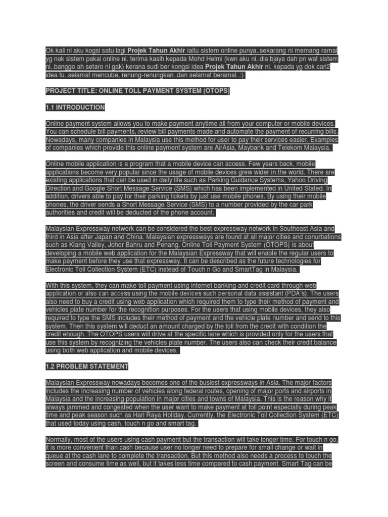 Project Title: Online Toll Payment System (Otops) | PDF | Toll Road ...