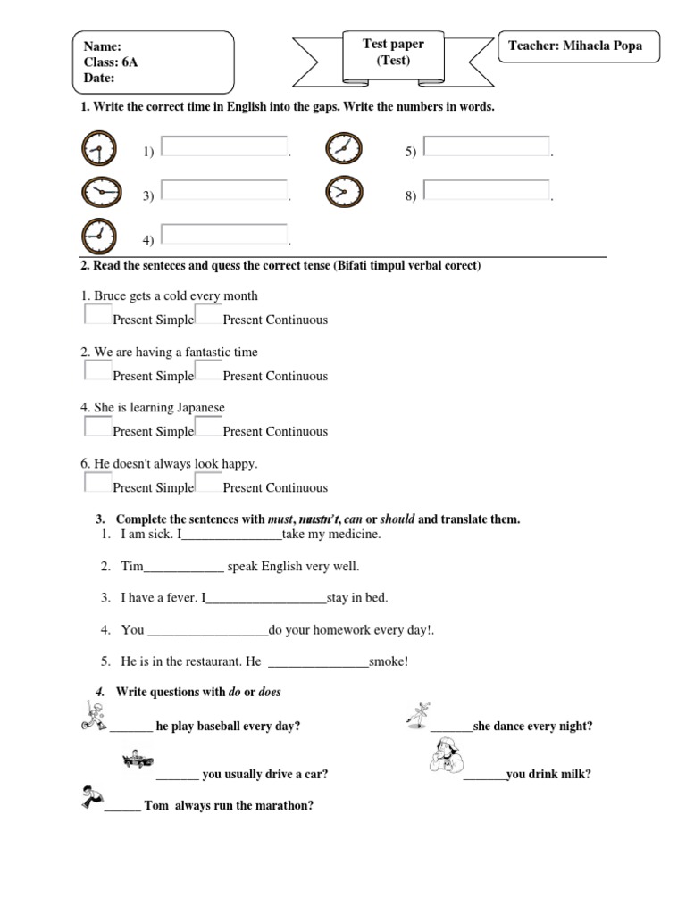 Test paper - Time, tenses, modals and questions | PDF