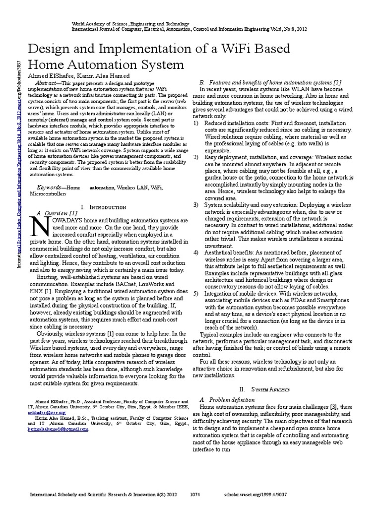 Design and Implementation of A Wifi Based Home Automation System | PDF | Wi Fi | Computer Network