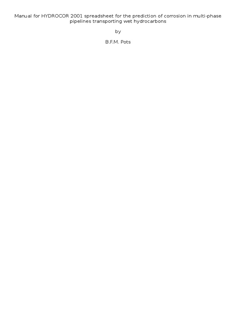 Manual For HYDROCOR 2001 Spreadsheet For The Prediction of Corrosion in ...