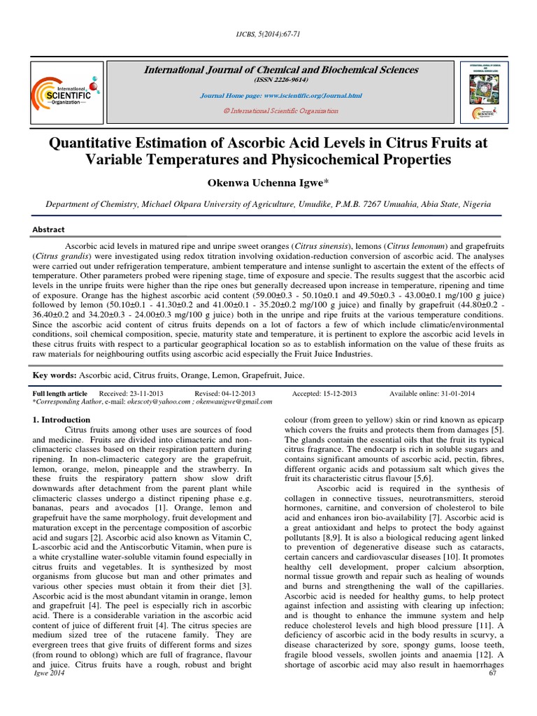 Quantitative Estimation of Ascorbic Acid Levels in Citrus Fruits at ...