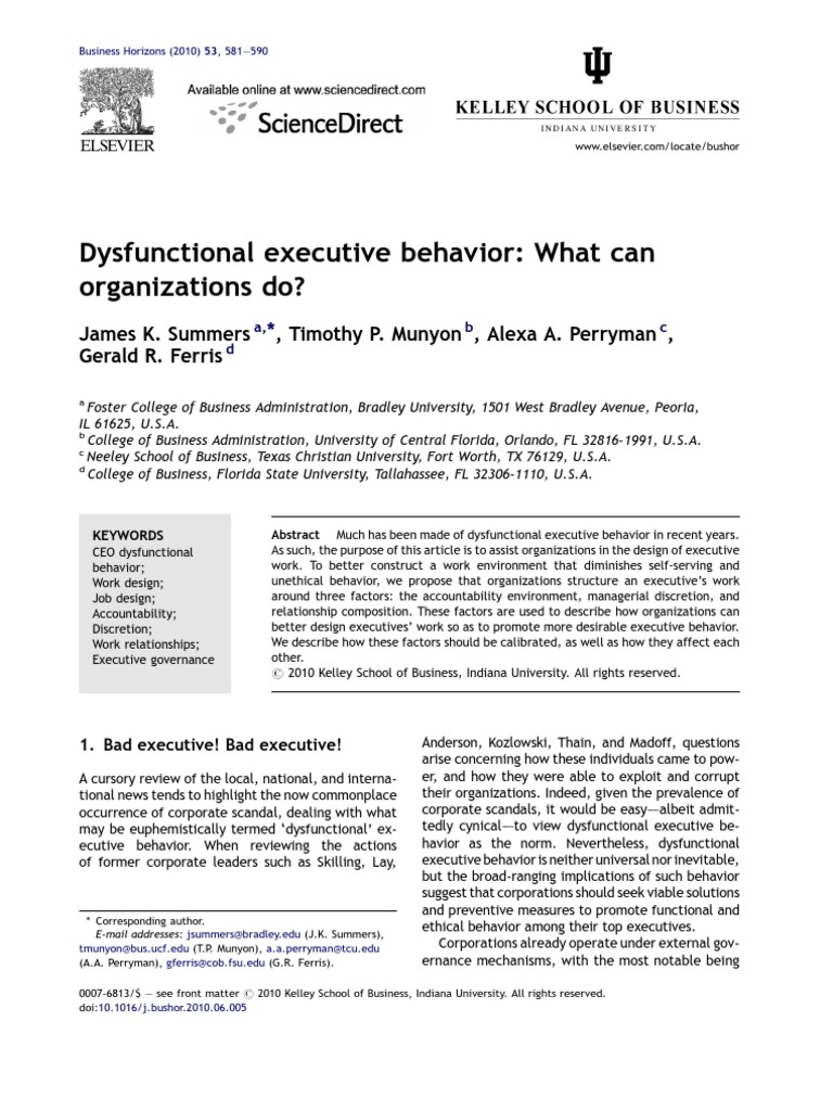 Dysfunctional Executive Behavior | PDF | Social Support | Employment