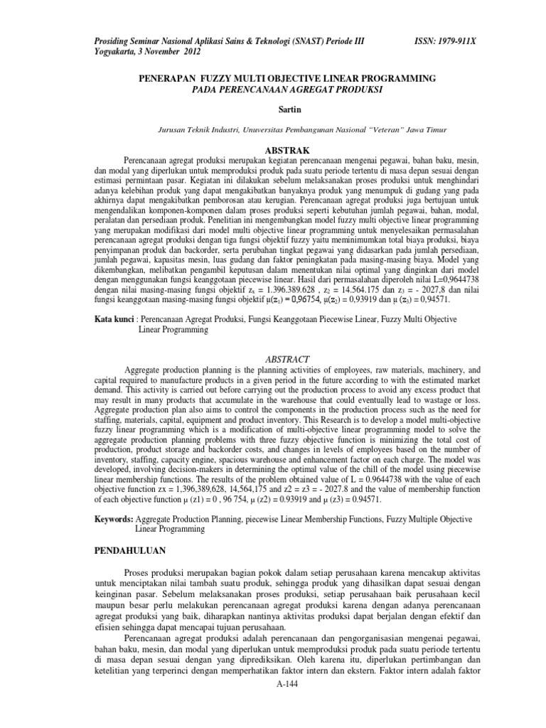 Penerapan Fuzzy Multi Objective Linear Programming Pada Perencanaan Agregat Produksi Pdf Pdf