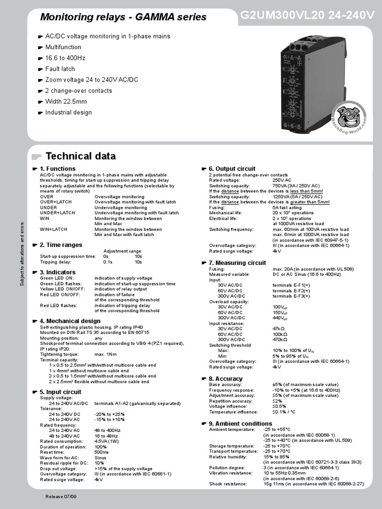 Technical Data: Monitoring Relays - GAMMA Series | PDF | Relay | Switch