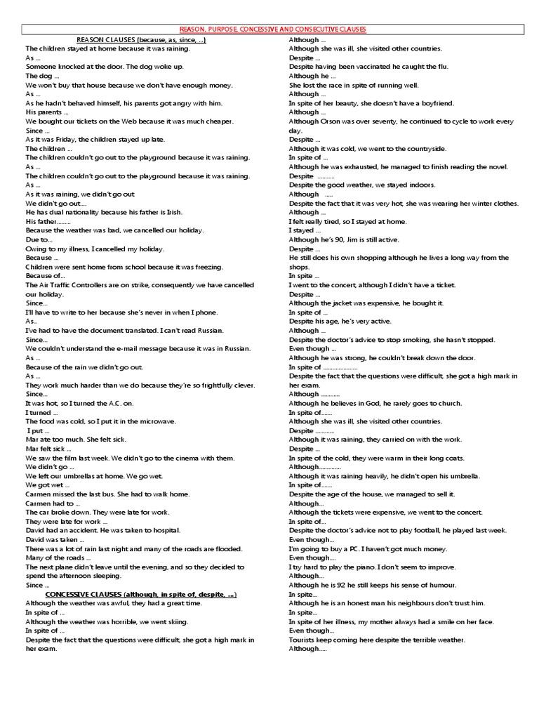 Reason, Purpose, Concessive and Consecutive Clauses | PDF
