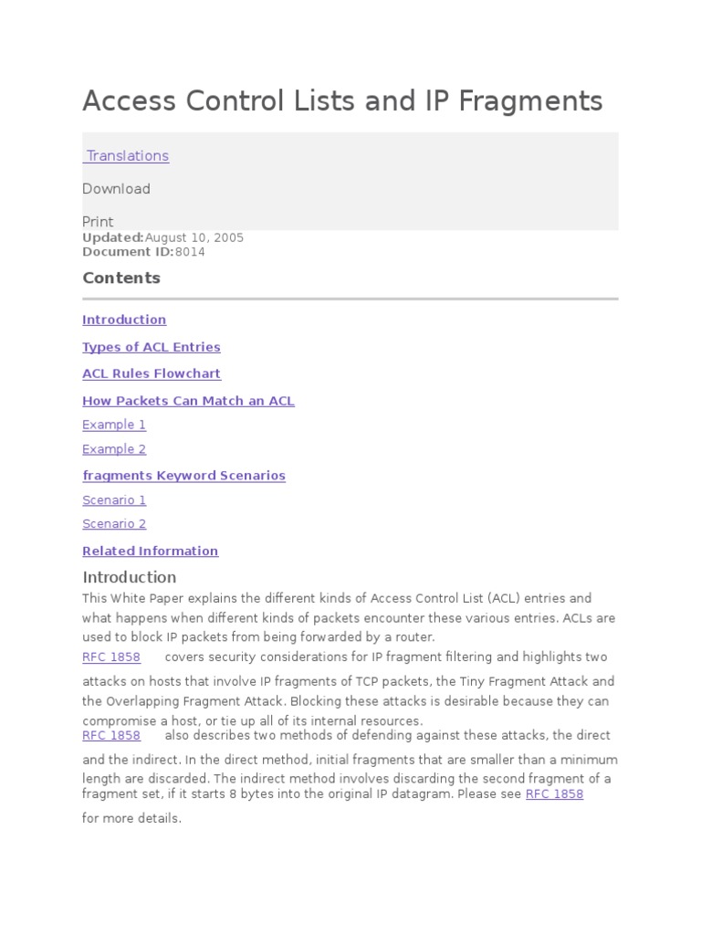 Access Control Lists and IP Fragments | PDF | Router (Computing) | Internet Protocols