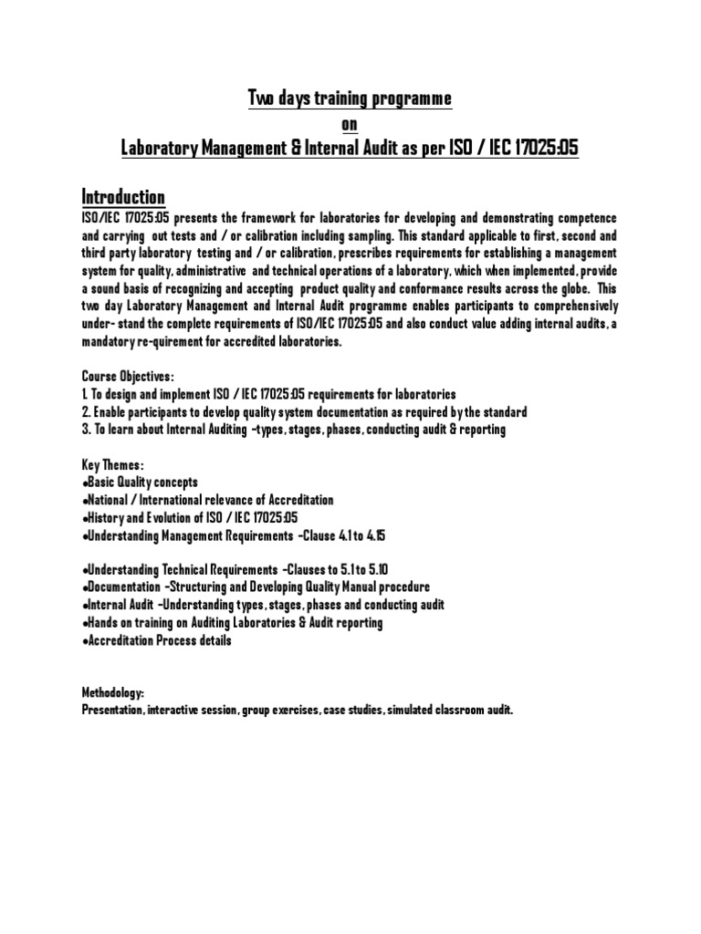 Two Days Training Programme On Laboratory Management & Internal Audit ...