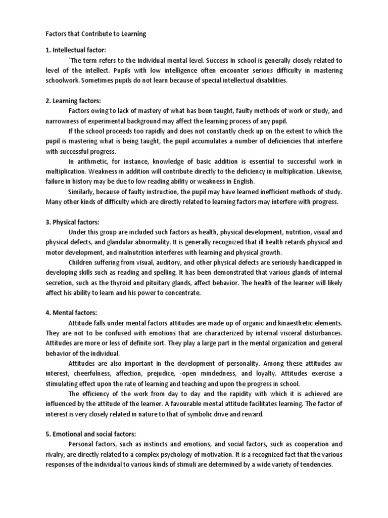 Factors That Contribute To Learning of Learners | PDF | Attitude ...