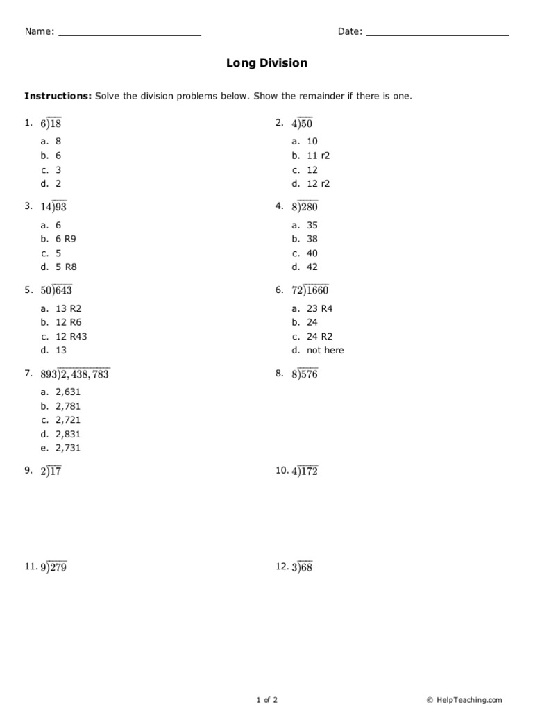 Long Division: Instructions: Solve The Division Problems Below. Show ...
