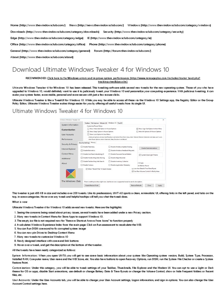 Ultimate Windows Tweaker 4 For Windows 10 Pdf Windows 10