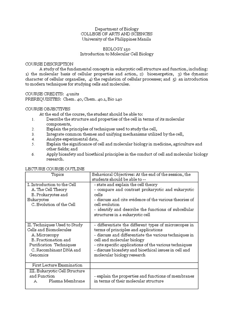 Bio 150 Syllabus 2011 | PDF | Cell (Biology) | Proteins