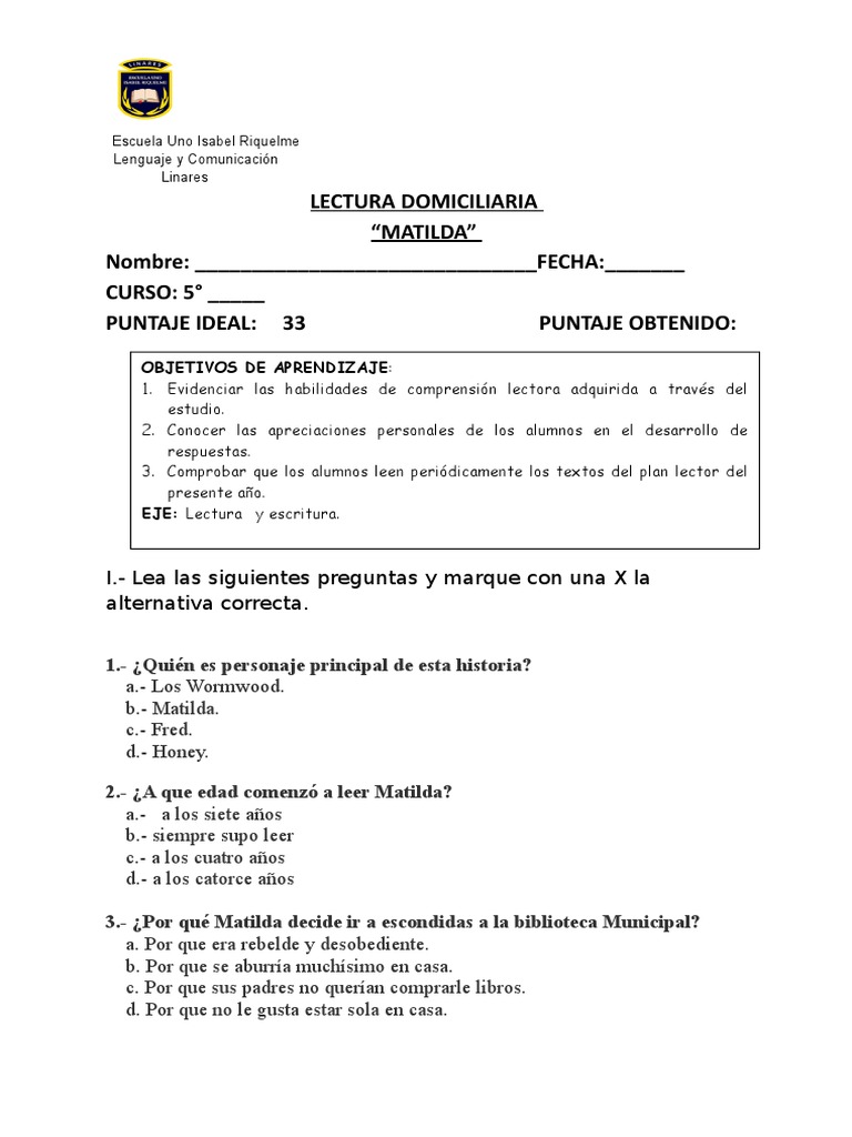 Prueba - Matilda 5° A | PDF | Lectura (proceso)