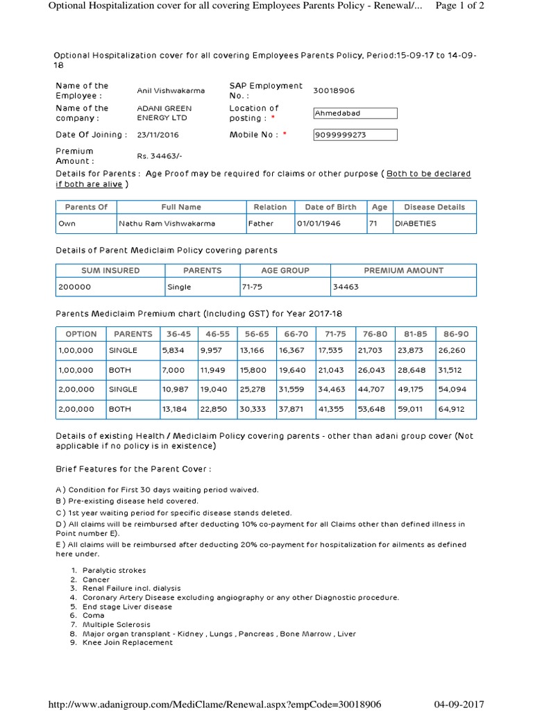 Father Mediclaim Application | Insurance | Medical Specialties