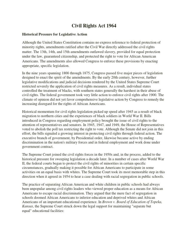 The Road to the 1964 Civil Rights Act: Historical Pressure from the ...