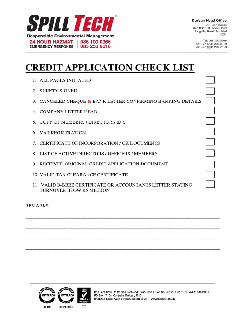 Credit Application Check List | PDF