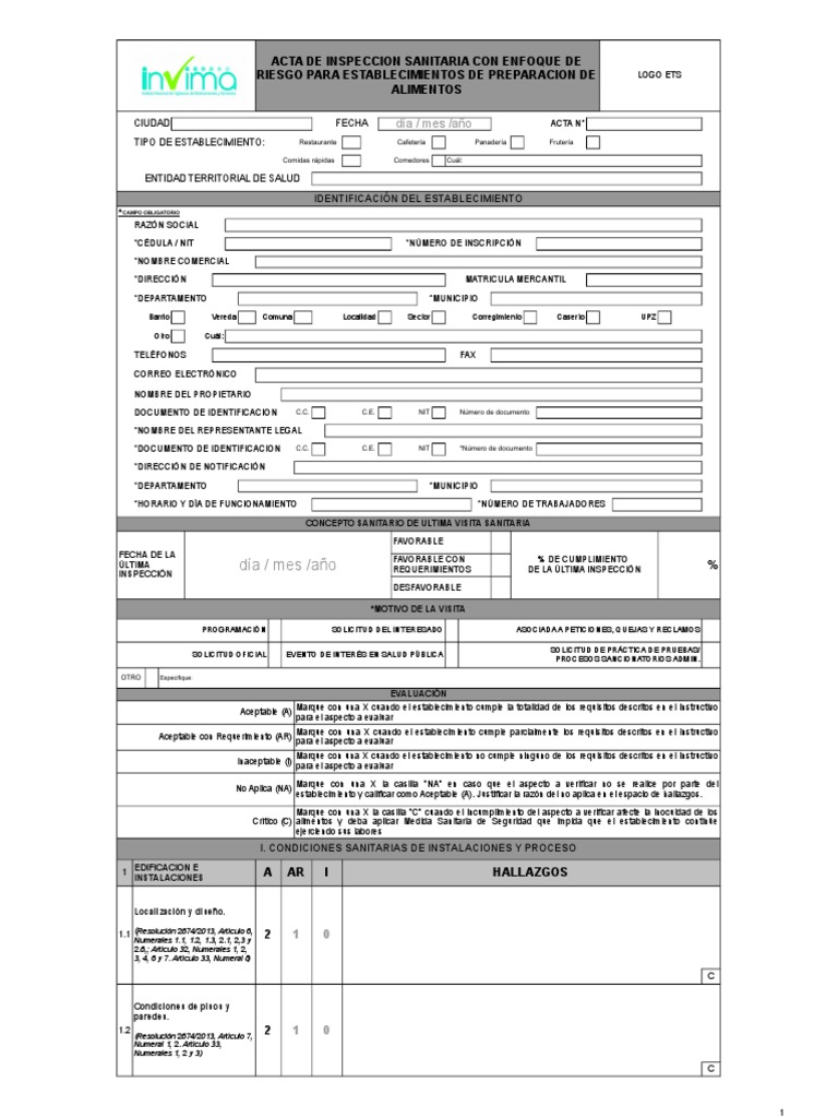 Acta invima para establecimientos de preparación de alimentos | Foods | Drinking Water