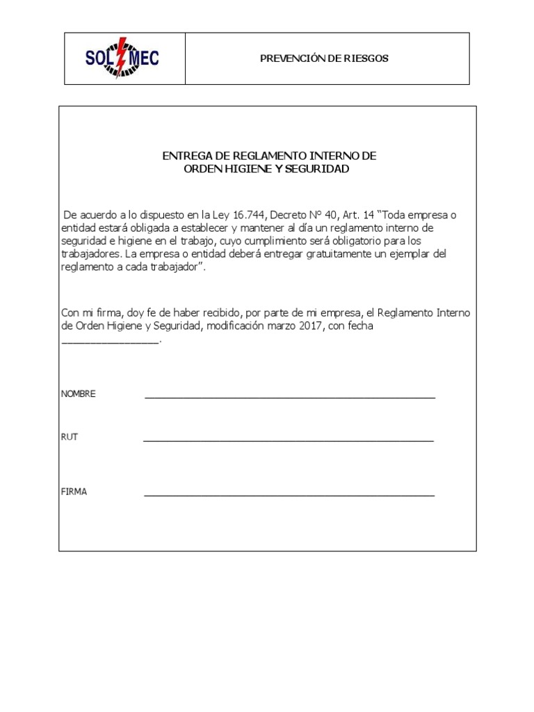 Entrega Reglamento Interno SOLMEC | PDF