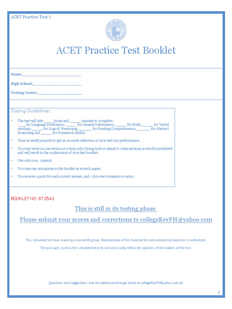 ACET Practice Test Booklet: This Is Still in Its Testing Phase | PDF ...