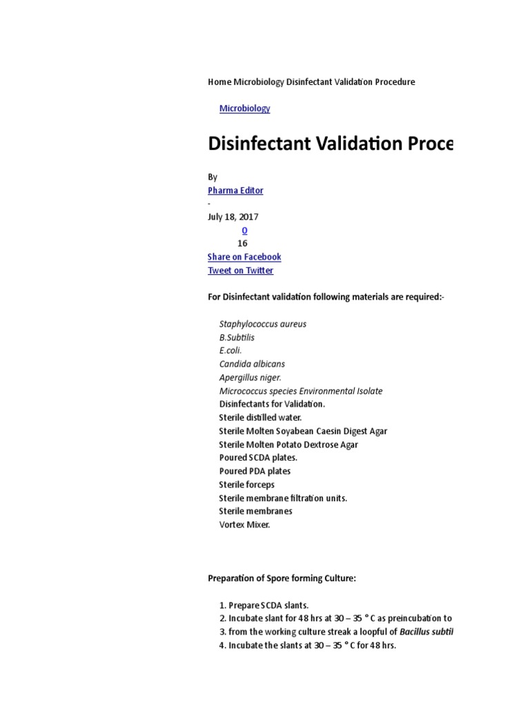 Disinfectant Validation Procedure: Microbiology | PDF | Disinfectant ...