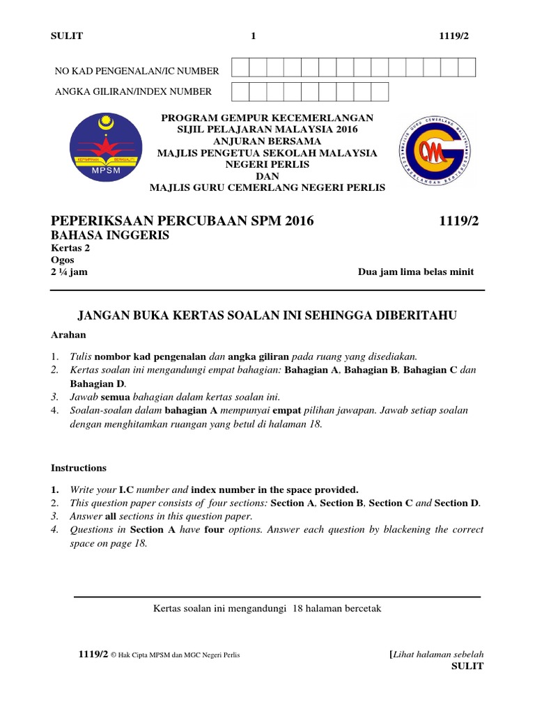 2016 Perlis SPM Trial - English Paper 2 | PDF