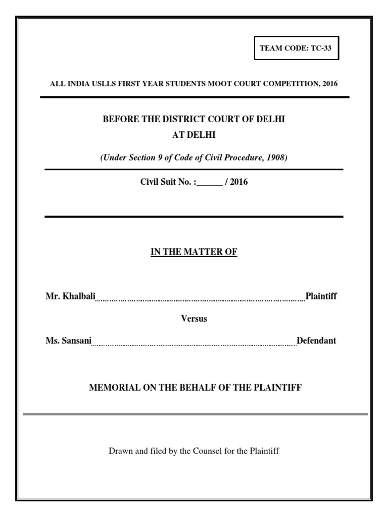 Before The District Court of Delhi at Delhi: (Under Section 9 of Code ...