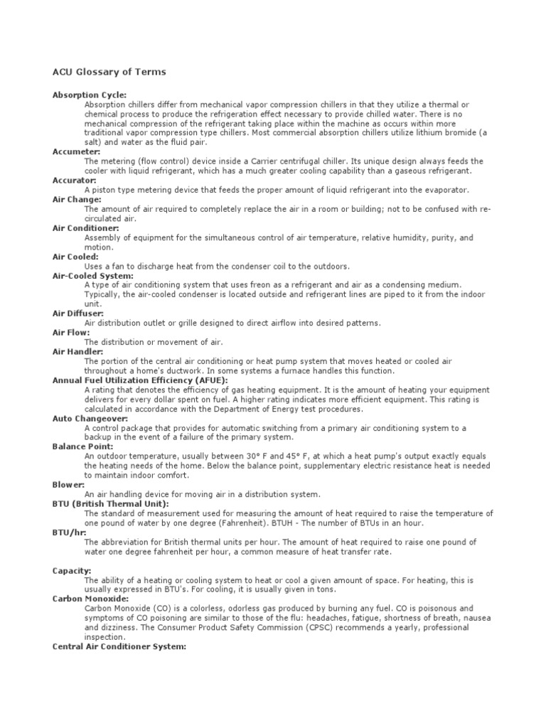 Acu Glossary | PDF | Air Conditioning | Heat Pump