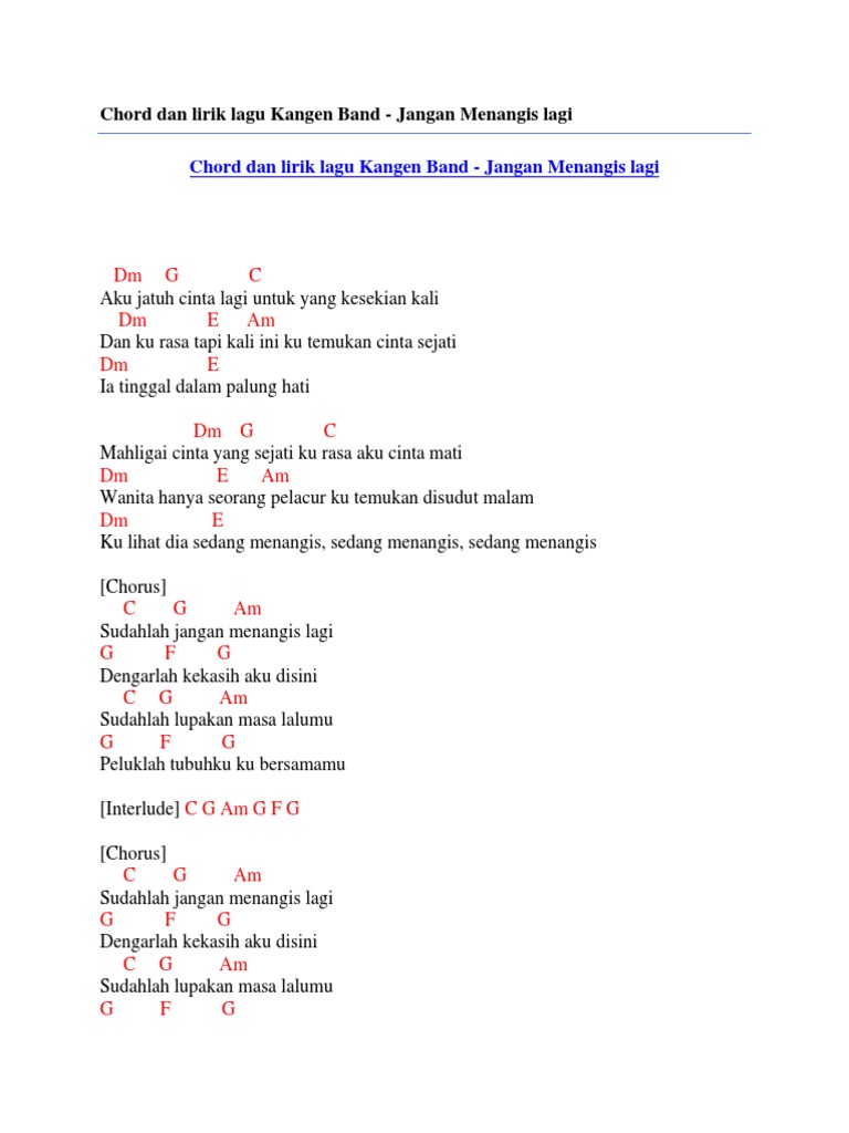 Chord Dan Lirik Lagu Kangen Band - Jangan Menangis Lagi | PDF