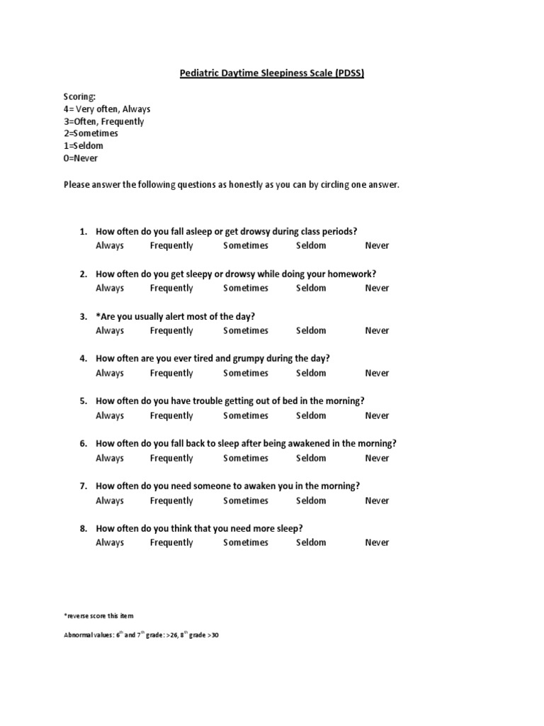 Pediatric Daytime Sleepiness Scale (PDSS) Scoring and Questions | PDF