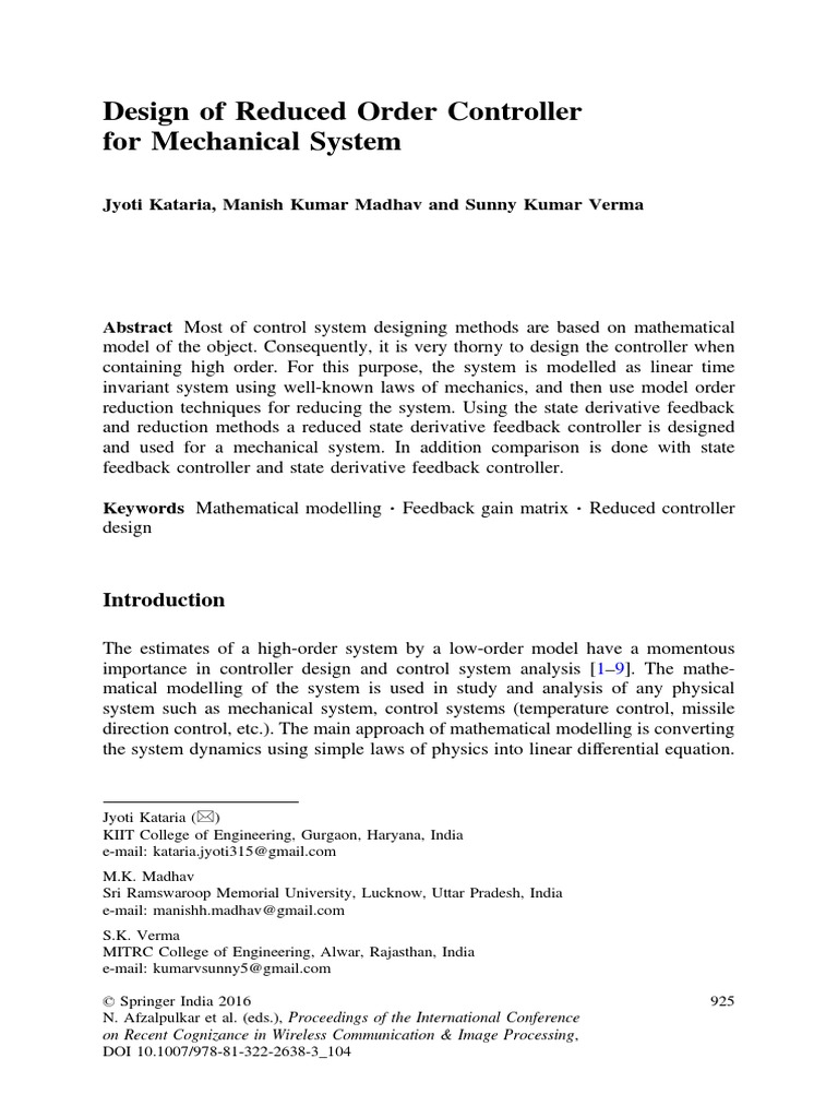 Design of Reduced Order Controller For Mechanical System | PDF | Control Theory | Control System