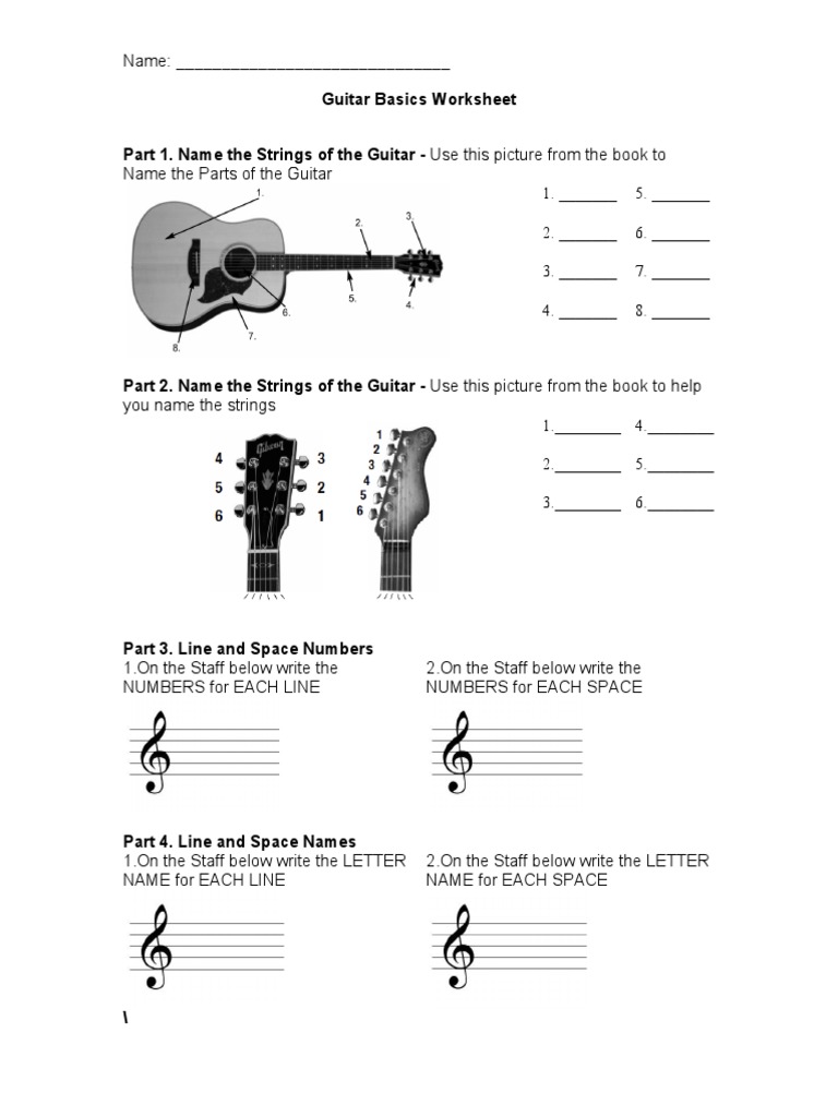 Guitar Basics Worksheet Part 1. Name The Strings of The Guitar - Use ...