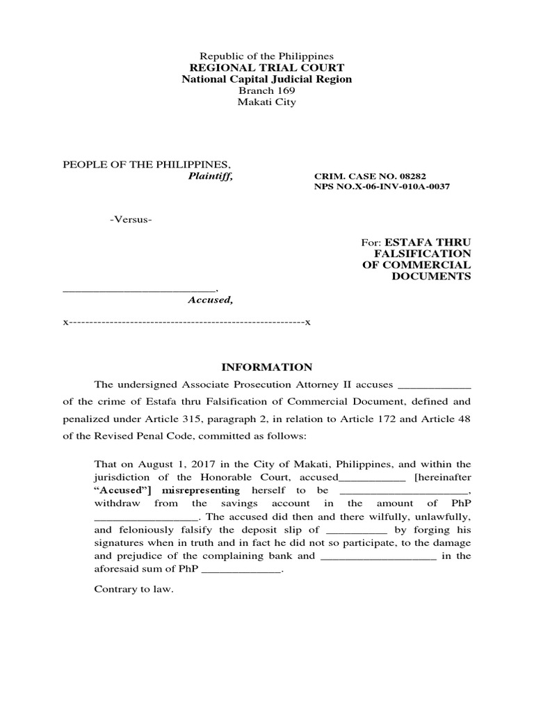 Estafa Case Filing in Makati, Philippines | PDF | Prosecutor | Legal ...