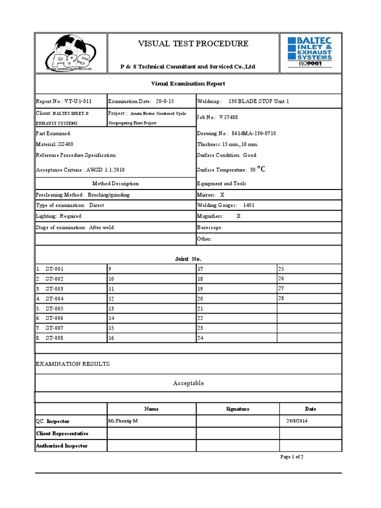 Visual Test Procedure: P & S Technical Consultant and Serviced Co.,Ltd ...