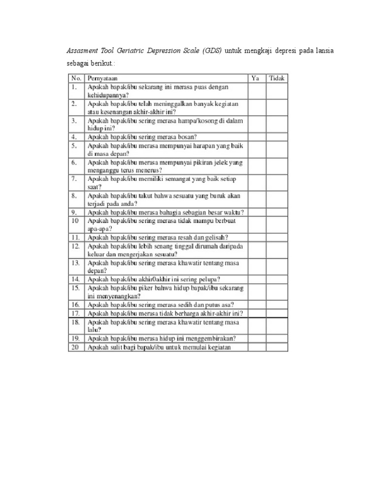 Assessment Tool Geriatric Depression Scale | PDF