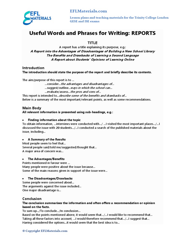 Useful Words and Phrases For Writing Reports PDF | PDF