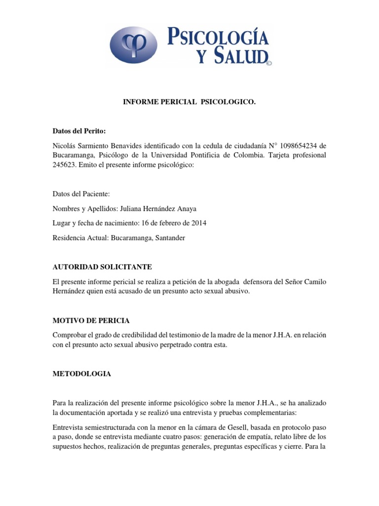 Informe Pericial Psicologico | PDF | Sicología | Ciencias del comportamiento