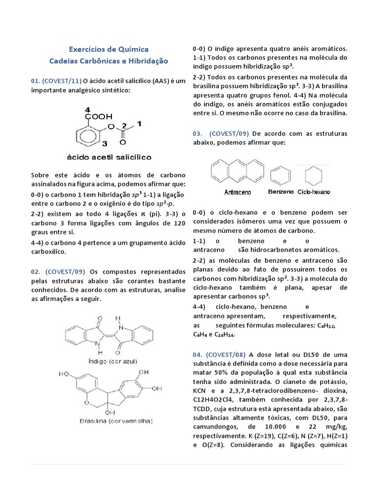 Exercicios Quimica Cadeias Carbonicas Hibridacao PDF | PDF | Aromaticidade | Carbono