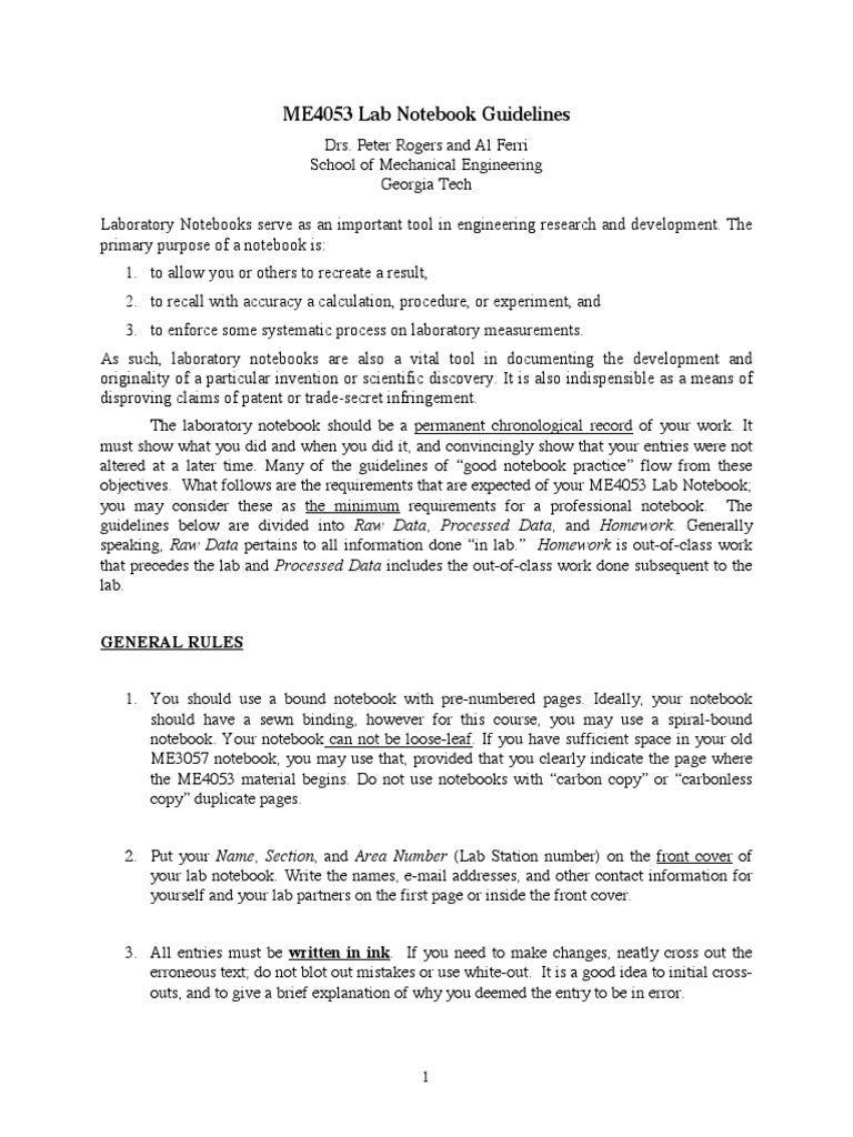 ME4053 Lab Notebook Guidelines: General Rules | PDF | Notebook | Experiment