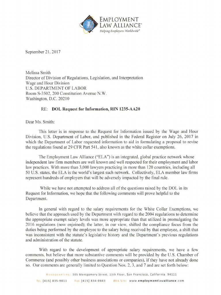 Employment Law Alliance - 2017-09-21 Comment Letter To U.S. DOL Re RIN ...